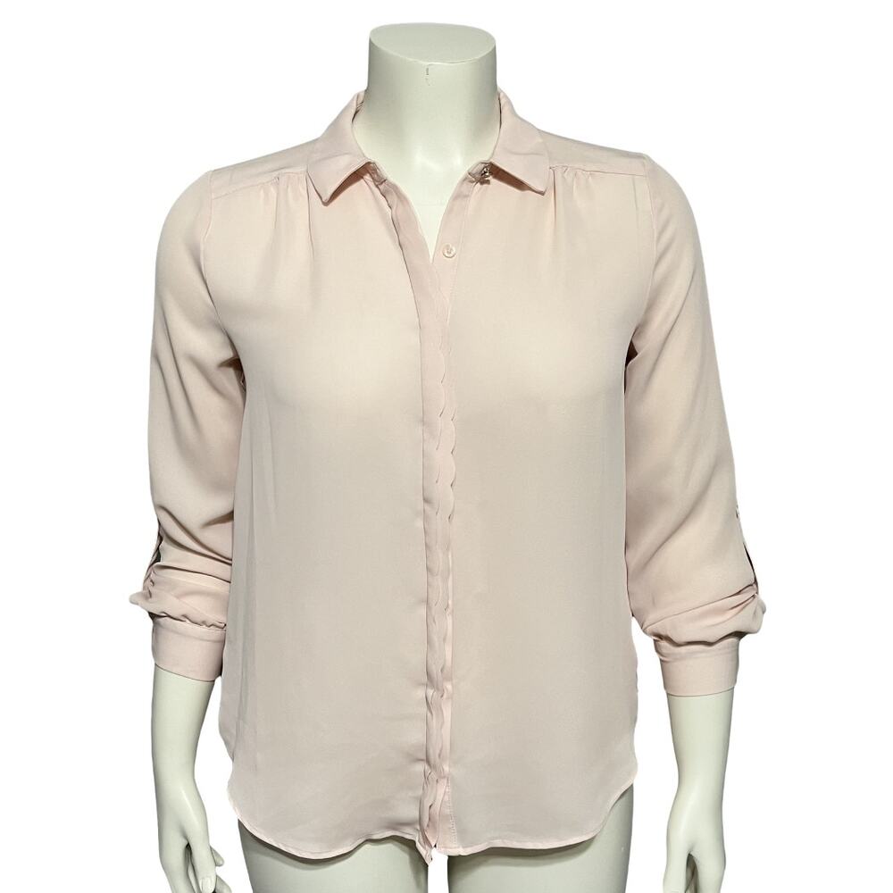 Elle Blush Pink Scalloped Button Front Career Long Sl… - Gem